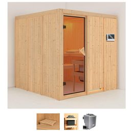 Sauna Karibu "Rodin", beige (naturbelassen), Bio-Kombiofen, externe Steuerung, 9 kW, Saunen, Ofen 9 kW Bio externe Strg easy