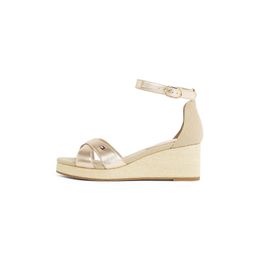 Keilsandalette Tommy Hilfiger "FLAG METALLIC MID WEDGE ESPAD", Damen, Gr. 39, gold (goldfarben), Glattleder, Schuhe, Riemchensandale, Sommerschuh mit verstellbarer Schnalle