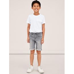 Jeansshorts name it "NKMSILAS SLIM DNM L SHORT", Jungen, Gr. 158, N-Gr, grau (medium, grau), Denim/Jeans, Obermaterial: 72% Baumwolle, 26% Polyester, 2% Elasthan, unifarben, slim fit kurz, Jeans, Baumwollmischung, Stretch, Umschlagsaum