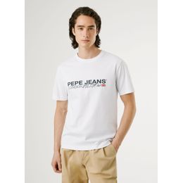 T-Shirt Pepe Jeans "MATTHEW TEE", Herren, Gr. L, weiß, Jersey, Obermaterial: 100% Baumwolle, bedruckt, regular fit, Rundhals, abgesteppte Kante, Shirts, Regular Fit mit Rundhals