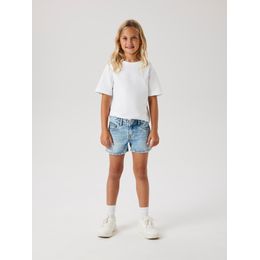Jeansshorts name it "NKFROSE REG DNM SHORTS 6042-AC NOOS", M&auml;dchen, Gr. 146, N-Gr, blau (medium blau denim (blank)), Denim/Jeans, Obermaterial: 100% Baumwolle, Abriebeffekte, unifarben, regular fit kurz, Jeans Jeansshorts, Baumwolle, mit Glitzersteinchen