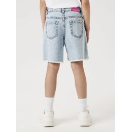 Jeansbermudas name it "NKFBELLA HW WIDE DNM SHORTS 1488-BE NOOS", M&auml;dchen, Gr. 122, N-Gr, blau (light blau bleached denim (blank)), Denim/Jeans, Obermaterial: 100% Baumwolle, Abriebeffekte, unifarben, relaxed fit ca. Mitte Oberschenkel, Jeans, Baumwolle, ausgefranster Saum