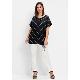 Kurzarmshirt sheego "T-Shirt", Damen, Gr. 40, schwarz-weiß (schwarz, weiß), 95% Viskose, 5% Elasthan, gemustert, gestreift, mehrfarbig, V-Ausschnitt, Shirts
