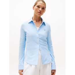 Poloshirt Tommy Hilfiger "1985 SLIM PIQUE BTN DOWN LS mit Polokragen und Label", Damen, Gr. XXL (44), ithaca stp, vessel blau, Single Jersey, Obermaterial: 96% Baumwolle, 4% Elasthan, unifarben, slim fit normal, Rundhals, Shirts, unifarben, casual, slim fit, Baumwollmix, Polokragen