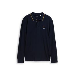 Tom Tailor Herren Langarm Piqu&eacute; Poloshirt mit Logo-Print, blau, Uni, Gr. M