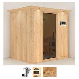 Sauna Karibu "Finja", beige (naturbelassen), Bio-Kombiofen, externe Steuerung, 3,6 kW, Saunen, Ofen 3,6 kW Bio-Ofen externe Strg. easy