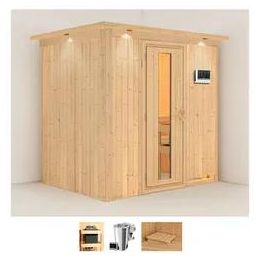 Sauna Karibu "Finja", beige (naturbelassen), Bio-Kombiofen, externe Steuerung, 3,6 kW, Saunen, Ofen 3,6 kW Bio-Ofen externe Strg. easy