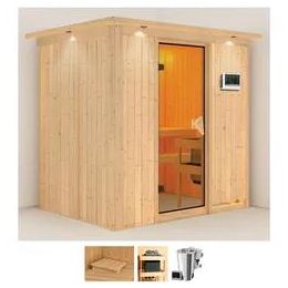 Sauna Karibu "Finja", beige (naturbelassen), Bio-Kombiofen, externe Steuerung, 3,6 kW, Saunen, Ofen 3,6 kW Bio-Ofen externe Strg. easy