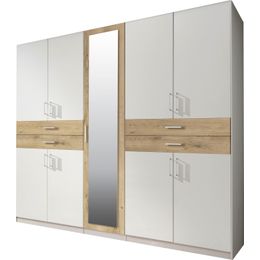 Kleiderschrank wimex "Taiga Kleiderschrank mit Spiegel OTTOs Choice Topseller", weiß (weiß, plankeneichefarben), B:225cm H:210cm T:58cm, Spanplatte, Schränke, mit Schubladen auf bequemer Höhe, Garderobe Schlafzimmerschrank, Topseller