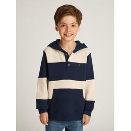 Kapuzensweatshirt Tommy Hilfiger "STRIPED REG HOODIE", Mädchen, Gr. 14 (164), blau (schwarz night, classic beige), Sweatware, Obermaterial: 100% Baumwolle, gestreift, regular fit, Rippbündchen, Sweatshirts, im Streifendesign