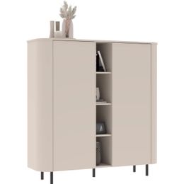 Highboard Inosign "Lido, B/H 150/154 cm, 2 Türen, 4 offene Fächer, Stauraumschrank", cashmere, B:150cm H:154cm T:43cm, FSC-zertifizierter Holzwerkstoff, Sideboards, Formgebogenes MDF, Stirnseiten mit Rundung, Push-to-open, Metallfüße