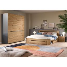 Schlafzimmer-Set Home Affaire "REHAT, 4-teilig, best. aus: Bett, Kleiderschrank & 2x Nachtkommode", grau, ohne Matratze, B/H: 180cm x 200cm, Schlafzimmermöbel-Sets, Rehat, Schlafzimmerset, Bett 180x200 cm, Nachttisch, Kleiderschrank