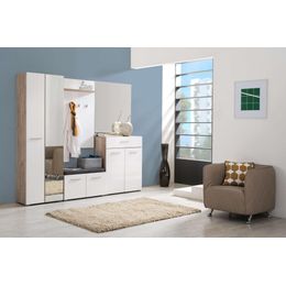 Garderoben-Set Home Affaire "Beny Flurmöbel, Dielenmöbel, Flurschrank, Flurgarderobe Breite 218 cm", grau eiche, weiß hochglanz, B:218cm H:192,5cm T:35,5cm, Glas, Kunststoff, MDF, Metall, Spanplatte, Kastenmöbel-Sets, inkl. 2 Schränke, Sitzbank mit Kissen, Garderobenpaneele und Spiegel