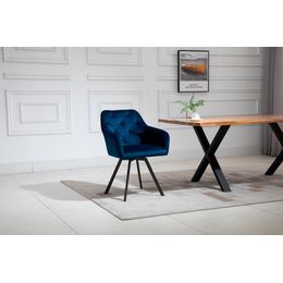 Esszimmerstuhl Salesfever "Toronto Stuhl - Stilvoller Armlehnstuhl mit Steppungen", schwarz (blau, schwarz, schwarz), B:61cm H:85cm T:62cm, Metall, Polyester, Stühle, Esszimmersessel, 360 Drehplatte unter der Sitzfläche