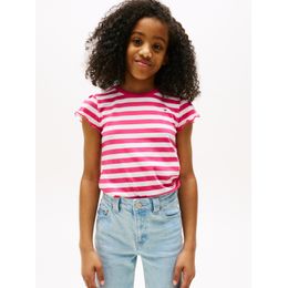 T-Shirt Tommy Hilfiger "ESSENTIAL STRIPE RUFFLE TOP SS", Mädchen, Gr. 92, rosa (jewel pink stripes), Single Jersey, Obermaterial: 60% Baumwolle, 40% Polyester, gestreift, regular fit hüftlang, Rundhals, gewellter Abschluss, Shirts, für Kinder bis 16 Jahre, mit gewellter Kante