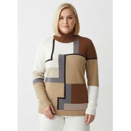 sheego Gro&szlig;e Gr&ouml;&szlig;en Stehkragenpullover mit Intarsien-Strick, ecru-camel-gemustert, Gr&ouml;&szlig;e 50 - Damen
