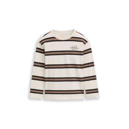 Langarmshirt Tom Tailor, Jungen, Gr. 128/134, beige braun stripe, Single Jersey, Obermaterial: 100% Baumwolle, bedruckt, gestreift, gerade h&uuml;ftbedeckend, Rundhals, Shirts Langarmshirt, gestreift und mit Print