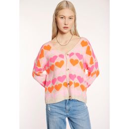 Haily's Strickjacke HAILY’S "LS A CD Sa44nna", Damen, Gr. S, beige, pink heart, Strick, Obermaterial: 80% Polyacryl, 20% Polyamid, gemustert, hüftlang, V-Ausschnitt, Strickjacken