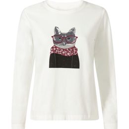 CRÉATION L Damen Langarmshirt mit Katzen-Motiv ecru Größe 38