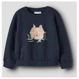 Sweatshirt name it "NMFVISMAS LS NREG SWEAT BRU", M&auml;dchen, Gr. 92, navy blazer print:gingerbread house, Sweatware, Obermaterial: 100% Baumwolle, bedruckt, normal, Rundhals, Sweatshirts Sweatshirt