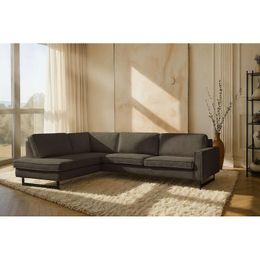 Places of Style Ecksofa »Pinto, 290 cm, Cord, Chenille, Lederoptik, Ottomane links / rechts« mit Keder, schwarze Metallfüße, Wellenunterfederung brown