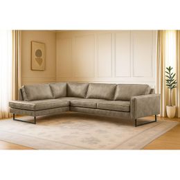 Places of Style Ecksofa »Pinto, 290 cm, Cord, Chenille, Lederoptik, Ottomane links / rechts« mit Keder, schwarze Metallfüße, Wellenunterfederung taupe