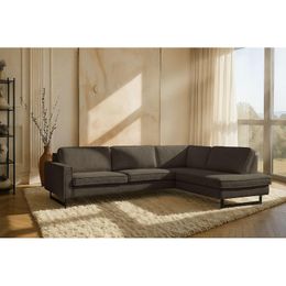 Places of Style Ecksofa »Pinto, 290 cm, Cord, Chenille, Lederoptik, Ottomane links / rechts« mit Keder, schwarze Metallfüße, Wellenunterfederung brown