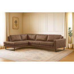Places of Style Ecksofa »Pinto, 290 cm, Cord, Chenille, Lederoptik, Ottomane links / rechts« mit Keder, schwarze Metallfüße, Wellenunterfederung braun