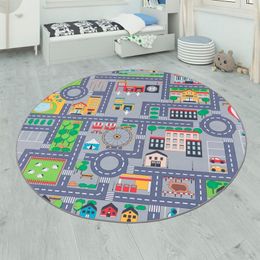 Paco Home Kinderteppich »Bino 576« rund 4 mm Höhe Kurzflor, Straßen-Spiel-Teppich, Kinderzimmer grau Obermaterial: 100% Polyester Ø 200 cm 1 Stk.