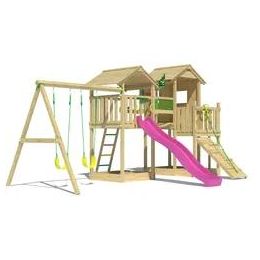 Spielturm Jungle Gym "Stronghold", pink (fuchsia), Spielt&uuml;rme, KinderB:394cm H:310cm T:626cm, Holzwerkstoff, Spielanlage mit 2 T&uuml;rmen, Schaukel und Rutsche mit Wasseranschluss, B:394cm H:310cm T:626cm