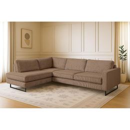 Places of Style Ecksofa »Pinto, 290 cm, Cord, Chenille, Lederoptik, Ottomane links / rechts« mit Keder, schwarze Metallfüße, Wellenunterfederung brown
