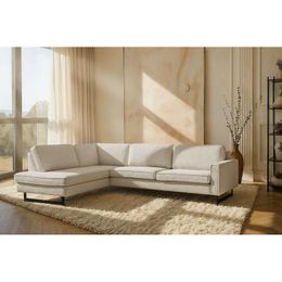 Places of Style Ecksofa »Pinto, 290 cm, Cord, Chenille, Lederoptik, Ottomane links / rechts« mit Keder, schwarze Metallfüße, Wellenunterfederung creme