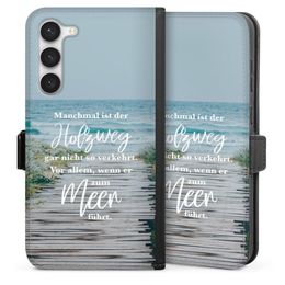 DeinDesign Galaxy S23+ Handy Klapph&uuml;lle Handyh&uuml;lle aus Kunst Leder schwarz Flip Case Statement Beach Spruch Sideflip mit Lasche