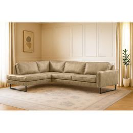 Places of Style Ecksofa »Pinto, 290 cm, Cord, Chenille, Lederoptik, Ottomane links / rechts« mit Keder, schwarze Metallfüße, Wellenunterfederung beige
