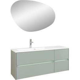 Badmöbel-Set SAPHIR "Badmöbel-Set Serie 6010 Waschtisch mit Unterschrank und Spiegel", schilfgrün matt touch, B:113cm H:200cm T:50cm, Spanplatte, Kastenmöbel-Sets, Badmöbel-Set mit Solid Surface-Waschtisch und LED-Spiegel, vormontiert
