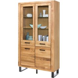Stauraumvitrine Home Affaire, braun, B:108cm H:199cm T:40cm Ø:40cm, Furnier, Massivholz, Melamin, Schränke, Metallfüße im Industrie-Design, Eiche Teilmassiv, viel Stauraum