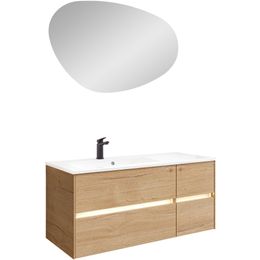 Badmöbel-Set SAPHIR "Badmöbel-Set Serie 6010 Waschtisch mit Unterschrank und Spiegel", halifax eiche quer nachbildung, B:113cm H:200cm T:50cm, Spanplatte, Kastenmöbel-Sets, Badmöbel-Set mit Solid Surface-Waschtisch und LED-Spiegel, vormontiert