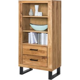 Vitrine Home Affaire, braun, B:67,5cm H:140cm T:40cm Ø:40cm, Furnier, Massivholz, Melamin, Schränke, Metallfüße im Industrie-Design, Eiche Teilmassiv, viel Stauraum