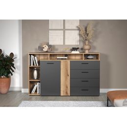Lowboard Inosign "Estepona", evoke eiche, anthrazit, B:168cm H:101cm T:38cm, Holzwerkstoff, Kunststoff, Sideboards, TV Kommode mit 2 Türen & 4 Schubladen Vollauszug (B/T/H) 168/38/101 cm