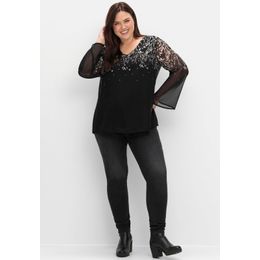 sheego Damen Chiffonbluse mit grafischem Print, schwarz-weiß gemustert, Größe 42