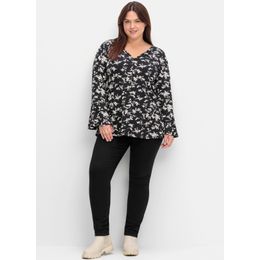 sheego by Joe Browns Damen Langarmshirt mit Biesen und Volantärmeln, schwarz-gemustert, Größe 56/58