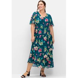 sheego Damen Chiffonkleid mit Blumenprint, dunkelpetrol-gemustert, Größe 56
