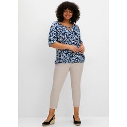 sheego Damen Shirt mit Alloverdruck und Cut-out vorn, tiefblau-gemustert, Größe 40/42