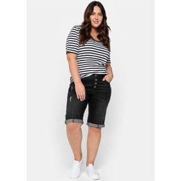 sheego Damen Jeansbermudas mit Destroyed-Effekten, black used denim, Größe 48