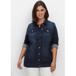 sheego Damen Jeansjacke in taillierter Form, dark blue denim, Größe 56