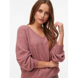 Véro Moda V-Ausschnitt-Pullover VERO MODA "VMLEAF LS LONG V-NECK PULLOVER", Damen, Gr. M, braun (rose braun detail:with melange), Strick, Obermaterial: 90% Polyester, 5% Wolle, 5% Elasthan, meliert, oversize, V-Ausschnitt, Rippstrickbündchen, Pullover