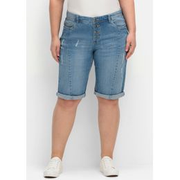 sheego Damen Jeansbermudas mit Destroyed-Effekten, light blue-denim, Größe 48