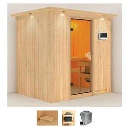 Sauna Karibu "Bedine", beige (naturbelassen), Bio-Kombiofen, externe Steuerung, 9 kW, Saunen, Ofen 9 kW Bio externe Strg easy