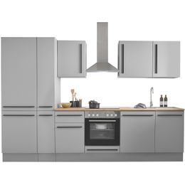K&uuml;chenzeile BASIC BY BALCULINA "Denver, K&uuml;che BxHxT 310 x 211 x 60", grau (k&uuml;che: grau, korpus: grau matt, arbeitsplatte: lanzelot eiche), B:310cm H:211cm T:60cm, Komplettk&uuml;chen-Sets, K&uuml;chenzeile, Breite 310 cm, wahlweise mit E-Ger&auml;ten und Induktion