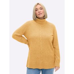 sheego Damen Rollkragenpullover mit Zopfmuster vorn, ocker-meliert, Gr&ouml;&szlig;e 44/46